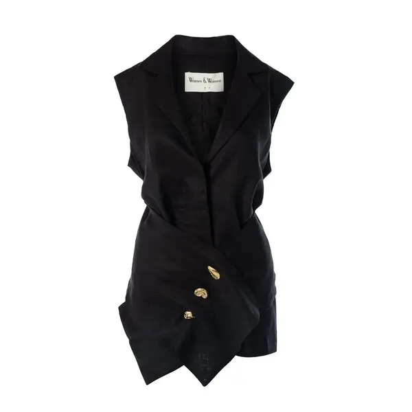 WOMEN & WOMEN Linen Vest Shirt With Decorative Belt - Black
