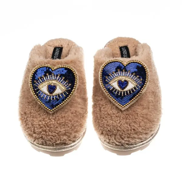 LAINES LONDON Teddy Closed Toe Slippers With Double Blue Heart Eye Brooches Toffee - Brown
