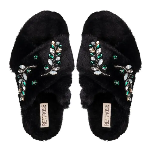 RETTROSE Thea Luxury Plush Diamanté Embellished Handmade Slipper - Black