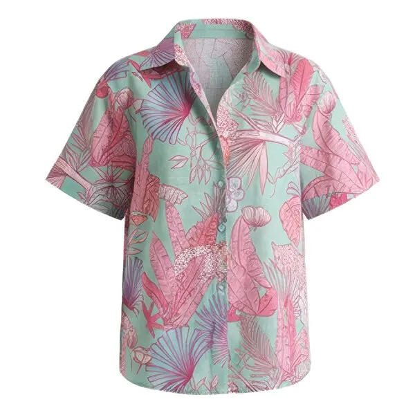 Loveist Store Agua Botanical Print Short Sleeve Shirt - Pink