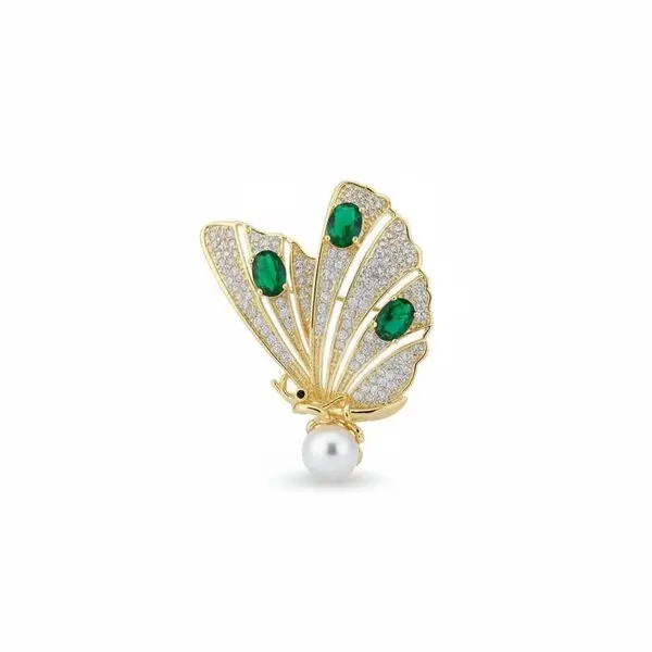ANGEL BAROCCO Elegant Zircon Butterfly Pearl Brooch - Gold
