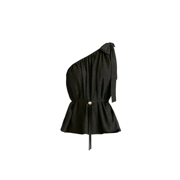 PAISIE Sparkled One Shoulder Bow Top - Black