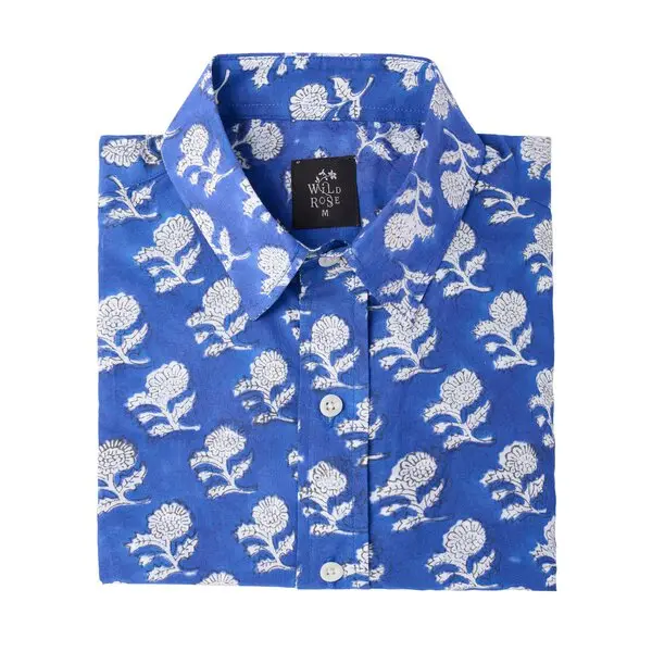 WILD ROSE Waridi Hand Block Print Cotton Long Sleeved Floral Shirt - Blue