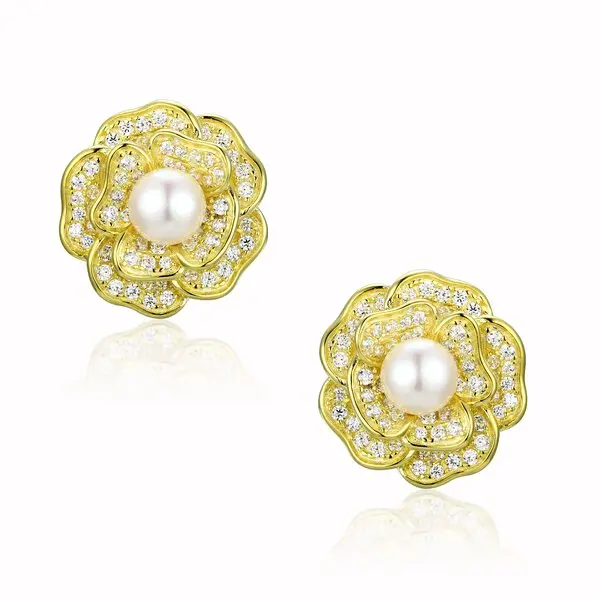 SANTINNI Tsarina Flower & Freshwater Pearl -plated Silver Earrings - Gold
