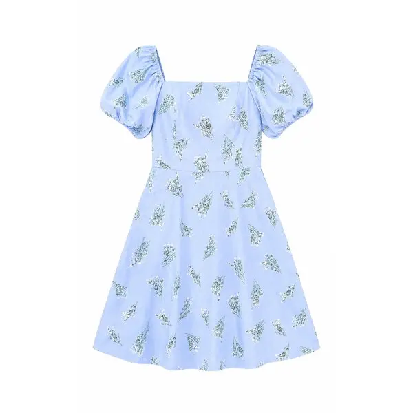 YUMI Cotton Floral Puff Sleeve Skater Dress - Blue