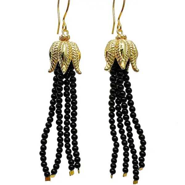 FARRA Obsidian Beaded Tassel Earrings - Black