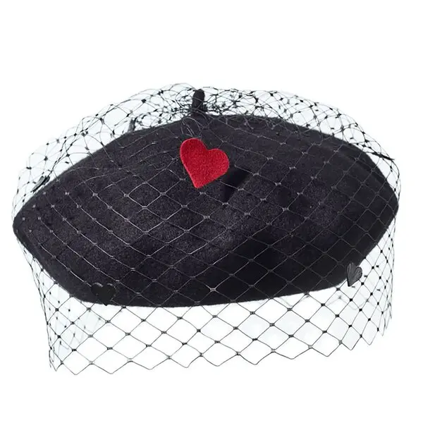 MISA HARADA MILLINERY Floe Heart Veiled Beret In Wool Knit - Black