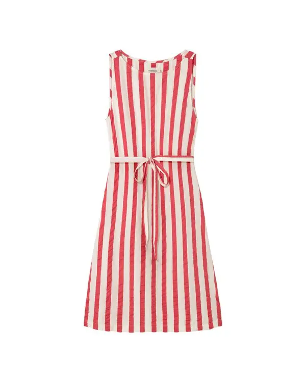 THINKING MU Striped Seersucker Bow Cecile Dress - Red