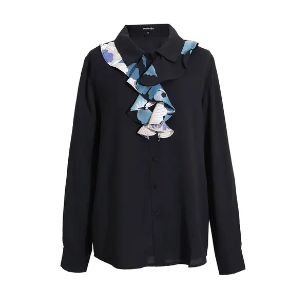 SMART AND JOY Flower Print Jabot Collar Blouse - Blue