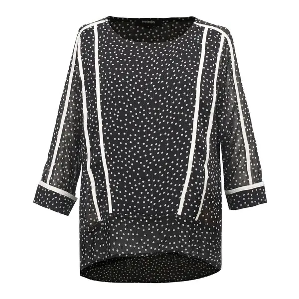 SMART AND JOY Polka Dots White Trim Chiffon Blouse - Black