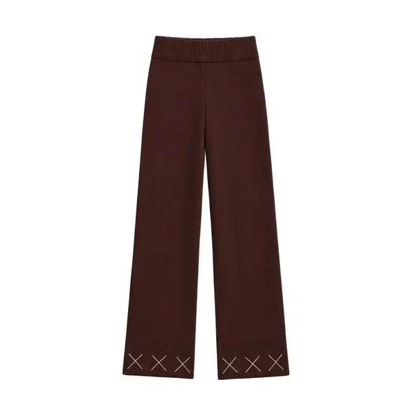 REN CORDEZA Hand Embroidered Chestnut Knit Trousers Regular Length - Brown