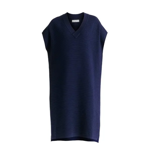 PAISIE V-neck Sleeveless Ribbed Jumper Dress In Navy - Blue