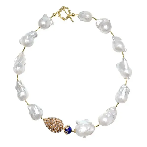 FARRA Baroque Pearl With Rhinestones Bordered Pearls & Lapis Short Necklace