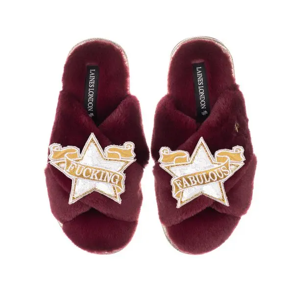 LAINES LONDON Gold / Red Classic Laines Slippers With Fucking Fabulous Brooches Limited Edition Burgundy - Gold/red