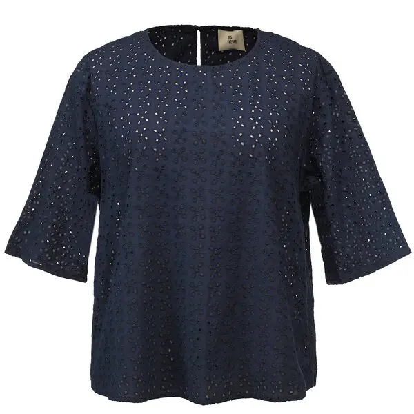 SMART AND JOY Eyelet Cotton Lace Loose Blouse Navy - Blue