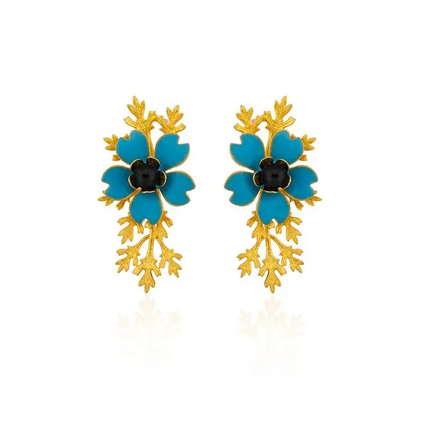 MILOU JEWELRY Flower Earrings With Gold Branches - Blue