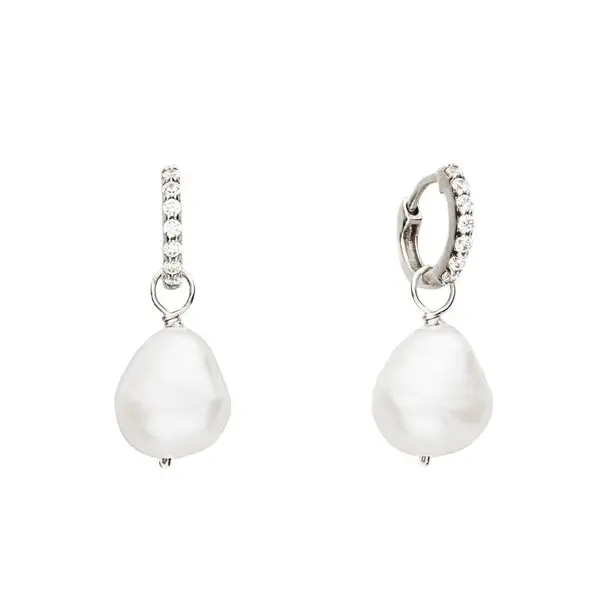 LILY & ROO Small Sterling Huggie Pearl Drop Earrings - Silver