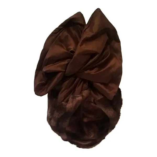 ROMER MILLINERY Twisturban Turban Faux Fur & Chocolate Silk Shantung - Brown
