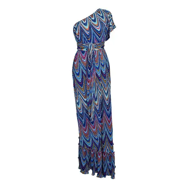 JENNAFER GRACE Hallucinogen Plume One Shoulder Maxi Dress - Blue