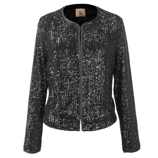 SMART AND JOY Round Collar Glitter Jacket - Black