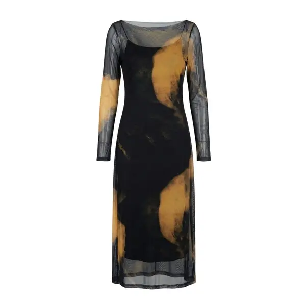 MODENAIRE Sheer Mesh Midi Dress With Abstract Print And Layered Slip - Black