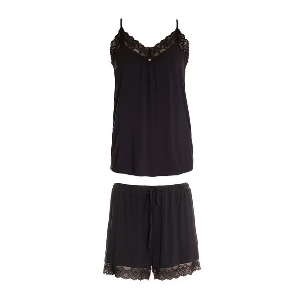PRETTY YOU Bamboo Lace Cami Short Pyjama Set In Raven - Black