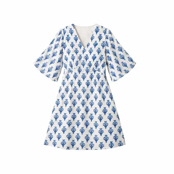HOUSE OF GL White / Blue Soreia Hand-block Printed Cotton Fit & Flare Dress With Open Back - White/blue