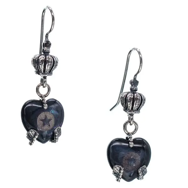 GEM KINGDOM Silver / Black Heart Drop Earrings Mother Of Pearl Grey - Silver/black