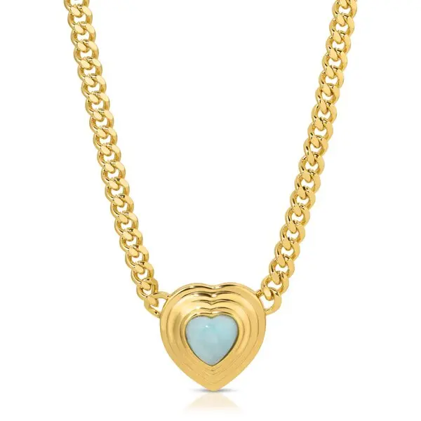 GLAMROCKS JEWELRY Heart Of Stone Curb Link Necklace- Larimar - Gold