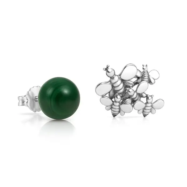 UNALOE Silver / Green Sterling Silver Natural Qeen Malachite Stud Earrings – Contemporary Gemstone Designer Jewelry - Silver/green