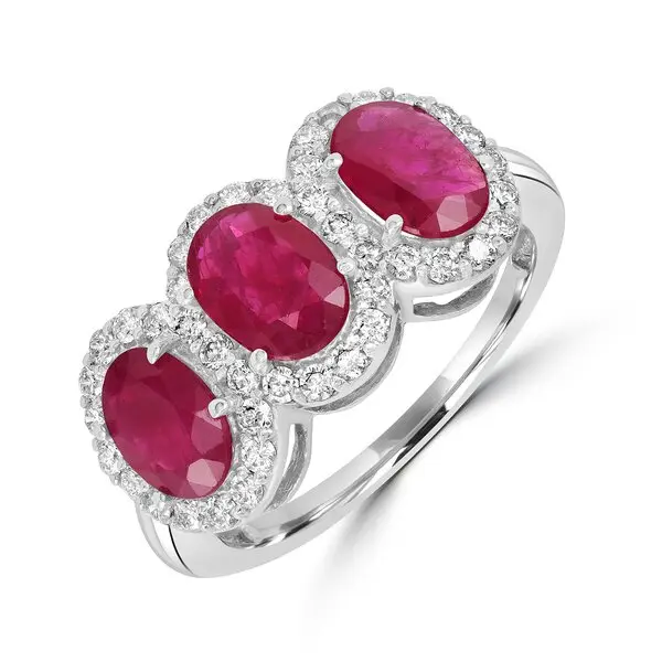 ARTISAN White / Red Three-stone Ruby & Diamond Halo Band Ring In 18k White Gold - White/red