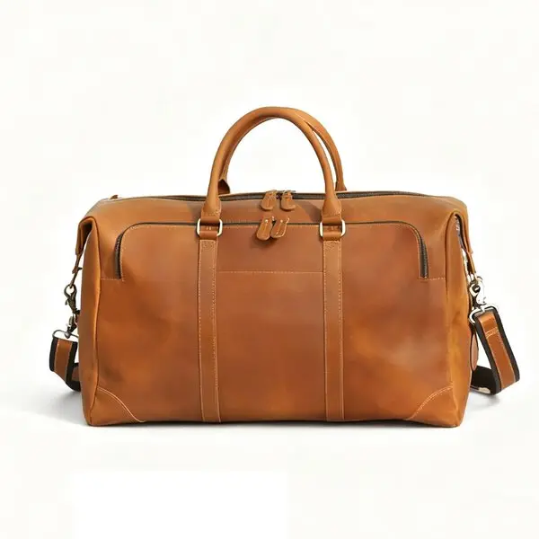 TOURI Genuine Leather Duffel With Zip Pocket Light - Brown