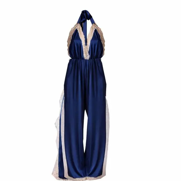 NOBLESSE OBLIGE Navy Long Open Leg Halter Neck Romper - Blue