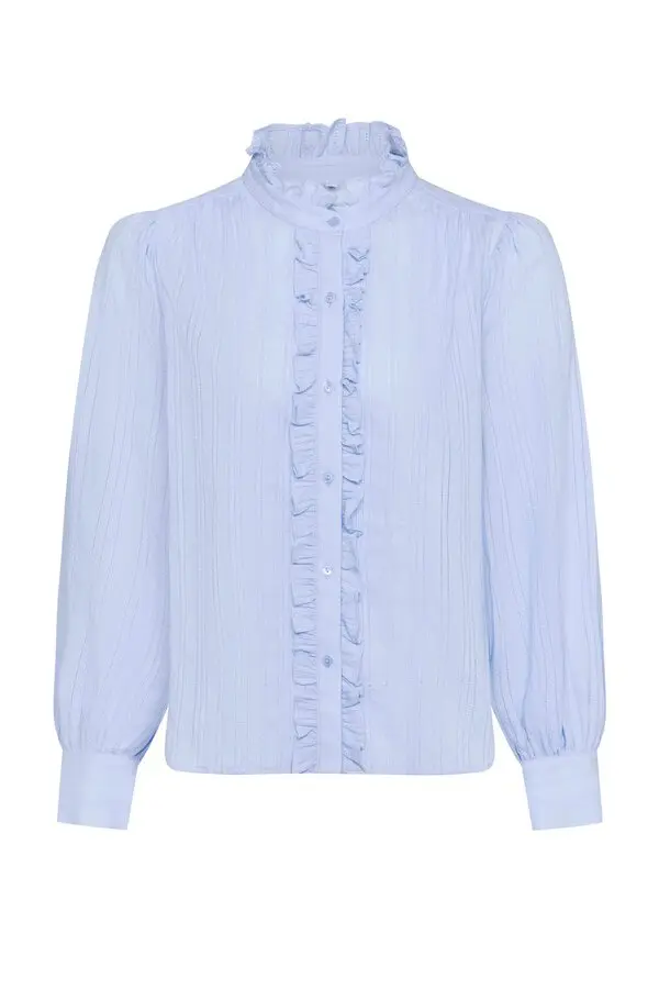 GUINEA Frill Fronted Cotton Blouse Pale - Blue