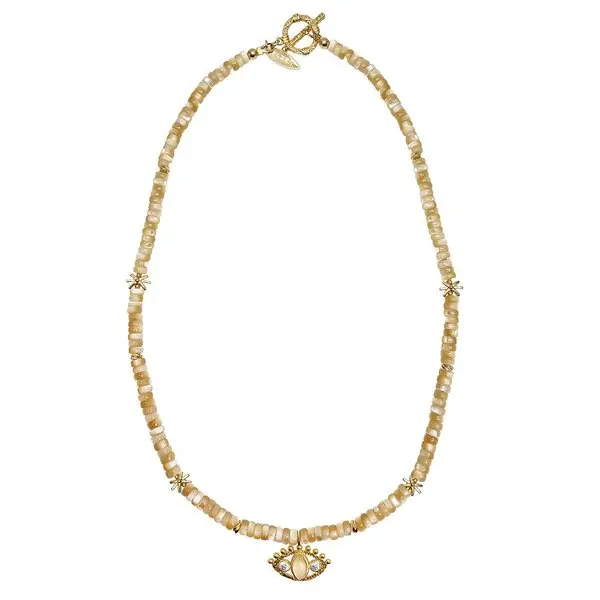 FARRA Neutrals Shell With Turkish Devil Eye Pendant Necklace - Beige