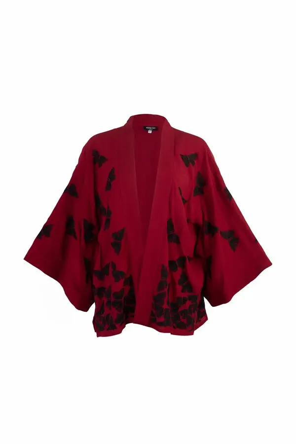 ARTEMIS MUSE Wine Kimono With Black Embroide Butterflies Kimono - Red