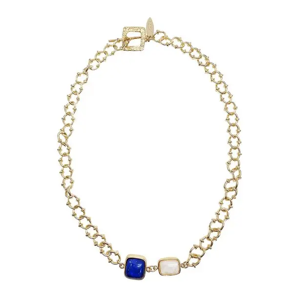 FARRA Lapis And White Moonstone With Chain Modern Necklace - Blue