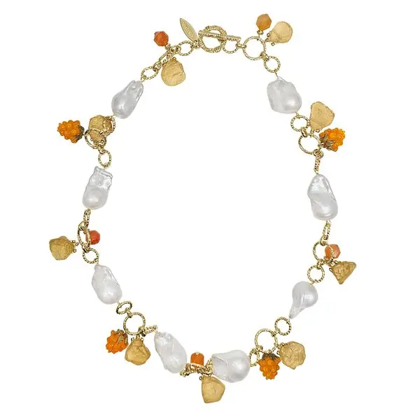 FARRA Garden Floral Baroque Pearl Necklace With Raspberry & Citrine - Orange