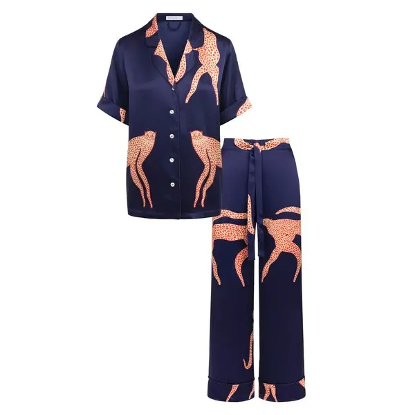 POLA Blue / Red Mulberry Silk Pyjama Set Short Sleeve - Blue/red