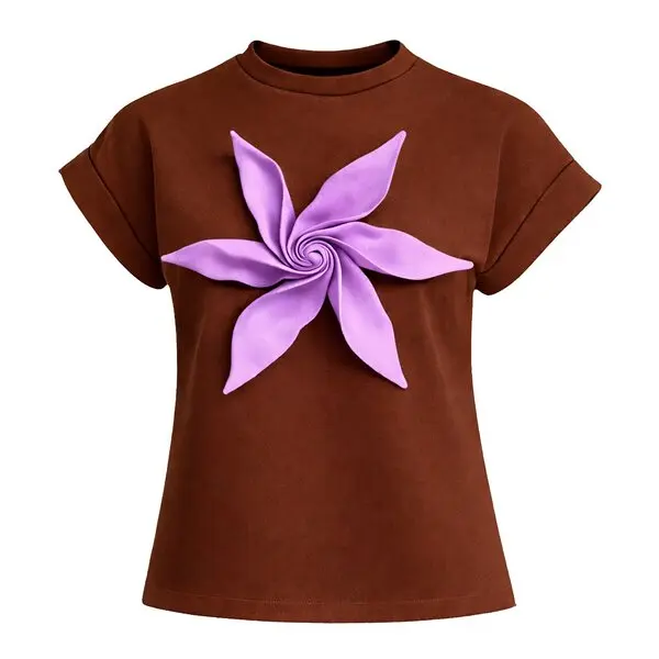 JULIA ALLERT Crew-neck Jersey T-shirt With Flower - Brown