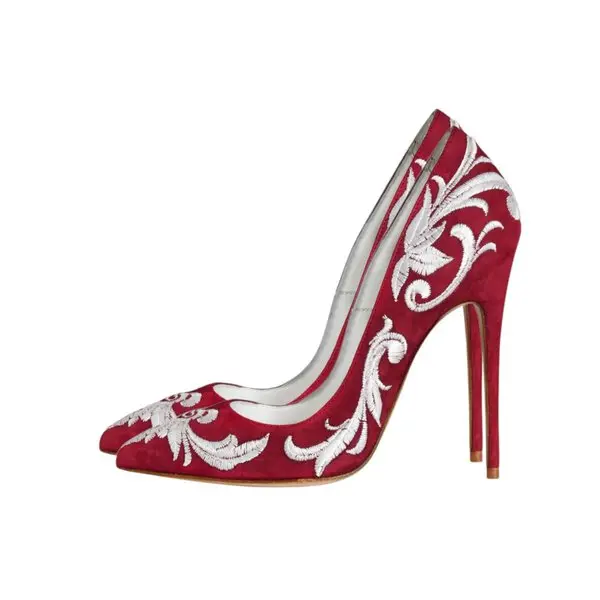 AETHRA SHOES Arel Burgundy Suede Embroide Pointed Toe Stiletto Pumps - Red