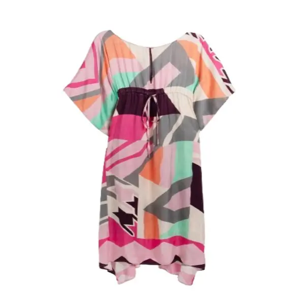Saachi Multicolored Geo Tie Waist Keyhole Kaftan - Pink