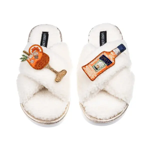 LAINES LONDON Cream Boucle Slippers With Embellished Summer Spritz Brooches