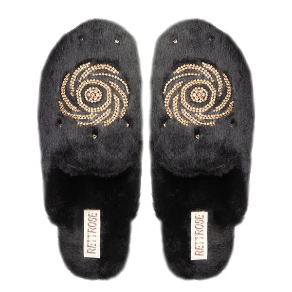RETTROSE Morgan Noir Luxury Plush Diamanté Embellished Handmade Slipper - Black