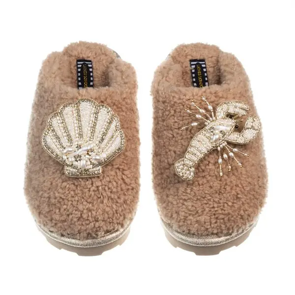 LAINES LONDON Teddy Closed Toe Slippers With Pearl Beaded Lobster & Shell Brooches Toffee - Brown