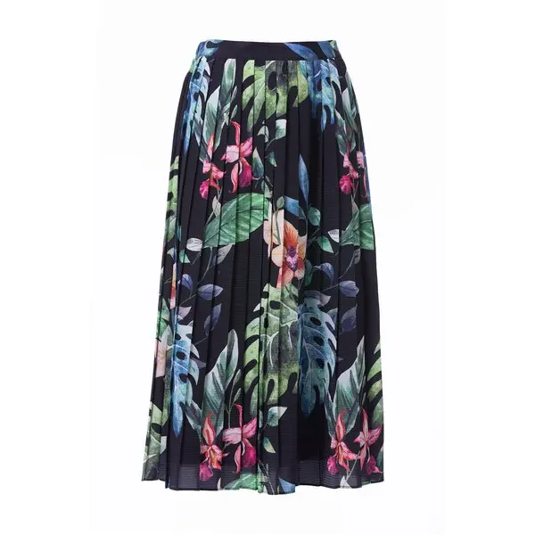 CARLOSLINES Pleated Midi Skirt In Multi-colored Palms Print - Black