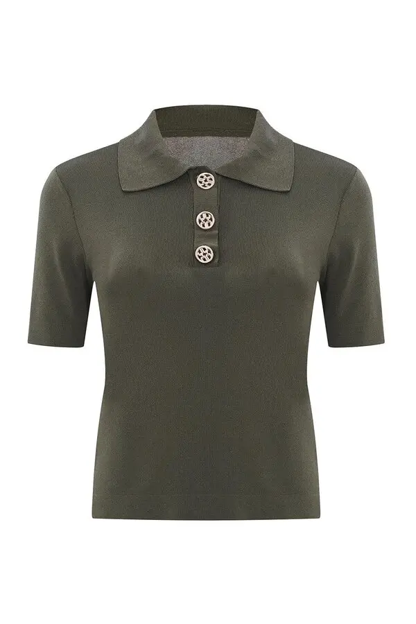 EXQUISE Regular Shirt Collar Short Sleeve Jaylah K. Sweater Khaki - Green