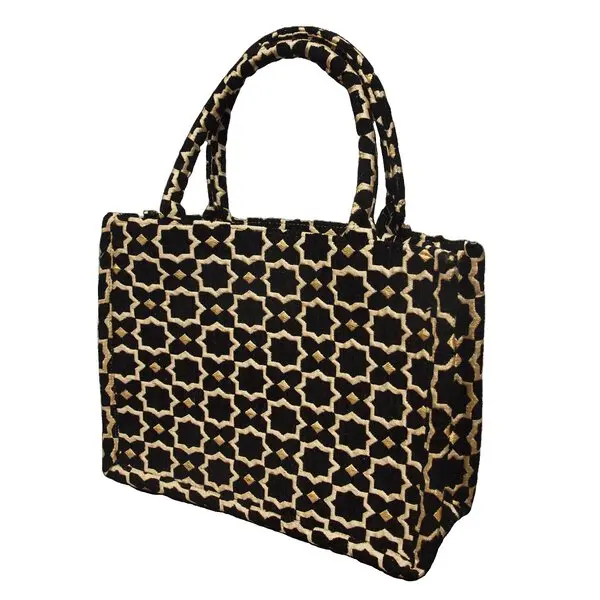 BERBER LEATHER Moroccan Print Fabric Tote Bag - Black