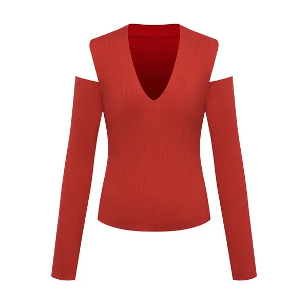 EMMA WALLACE Ribbed Wool Cold Shoulder V-neck Top - Red
