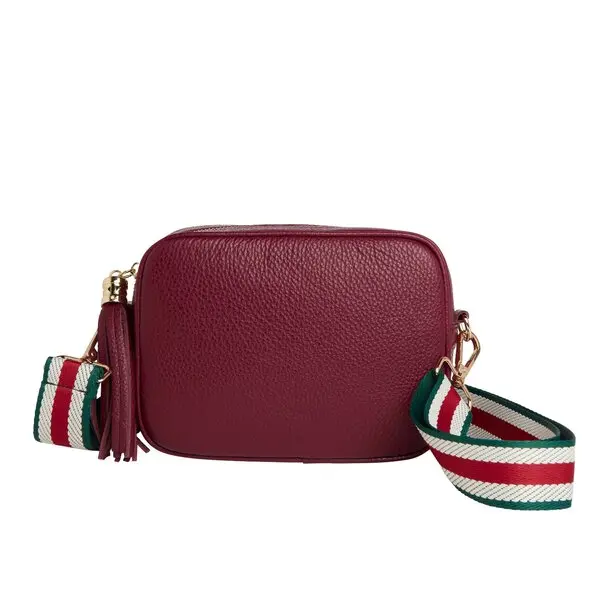 BETSY & FLOSS Verona Crossbody Burgundy Tassel Bag With Green Stripe Strap - Red